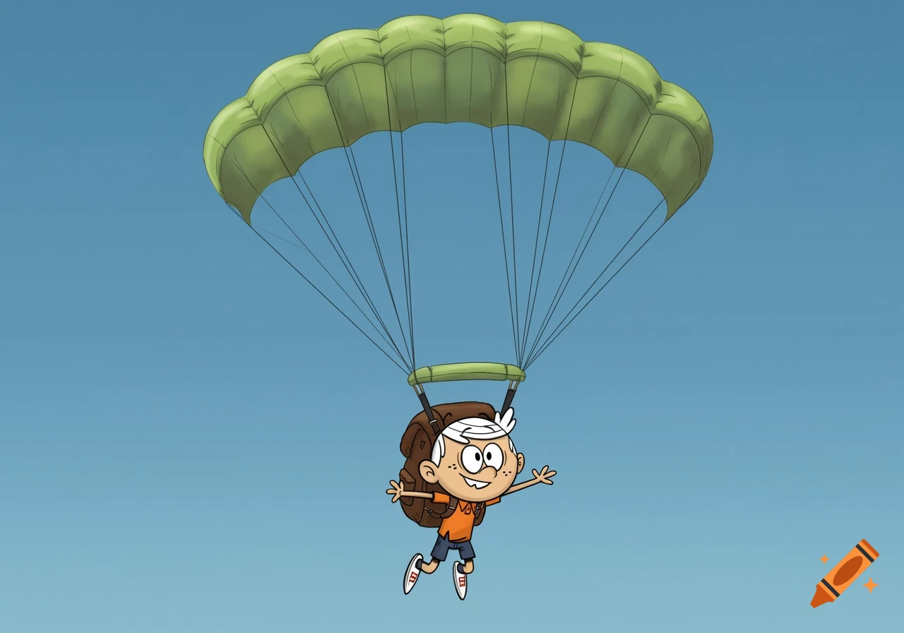 Cartoon character Lincoln Loud skydives with a green parachute. on Craiyon