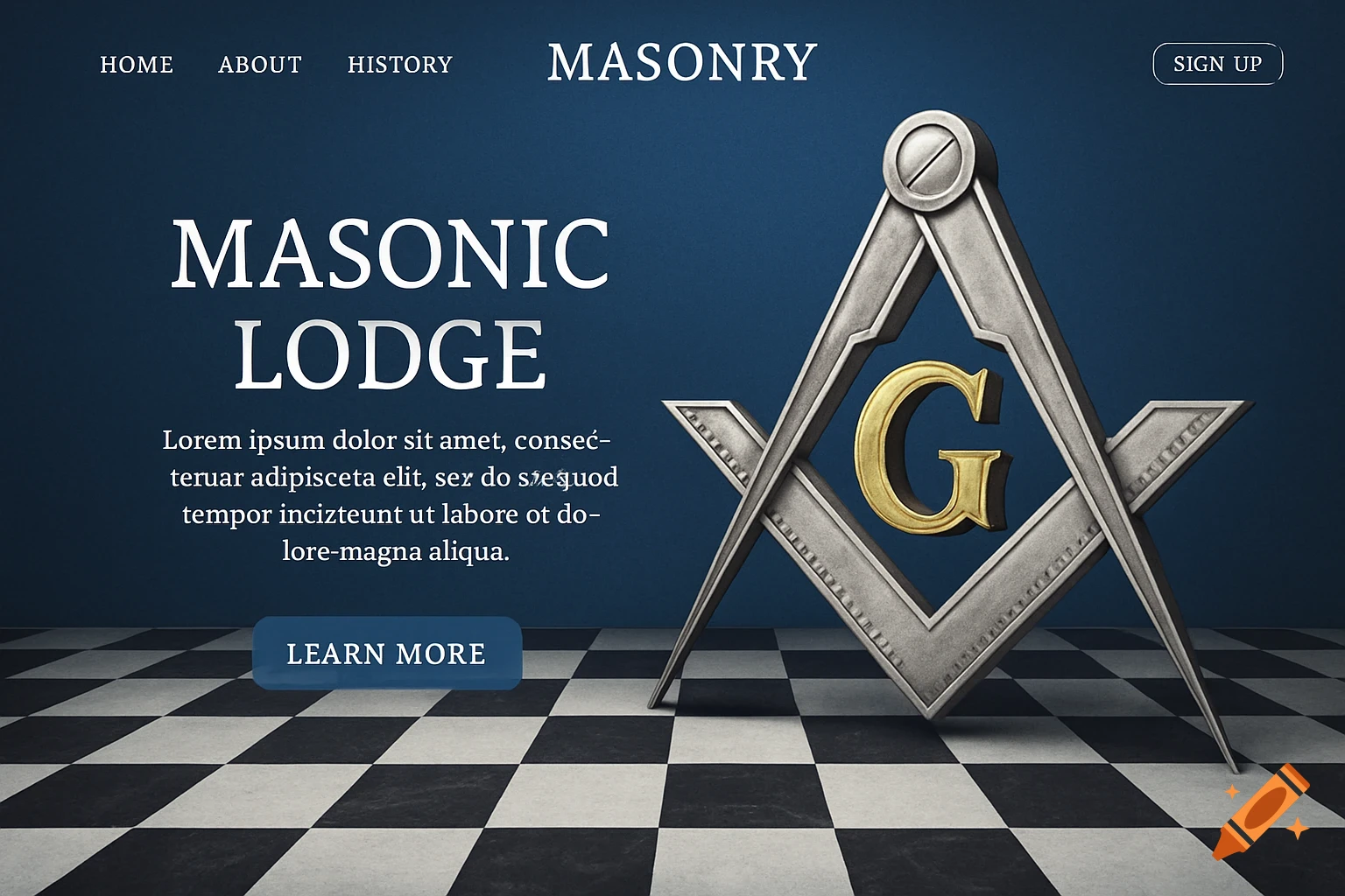 Masonic lodge website landing page with symbol and checkerboard floor on Craiyon