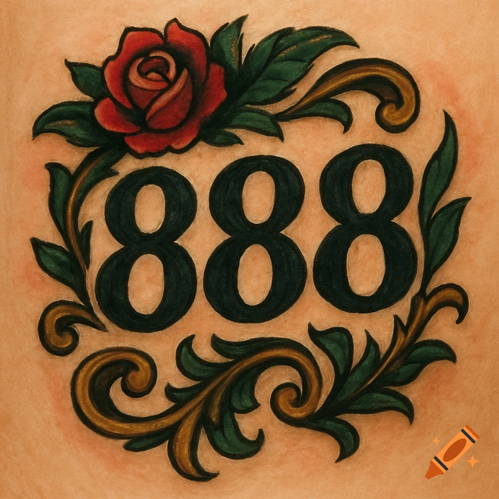 Tattoo design featuring the number 888 surrounded by leaves and a red ...