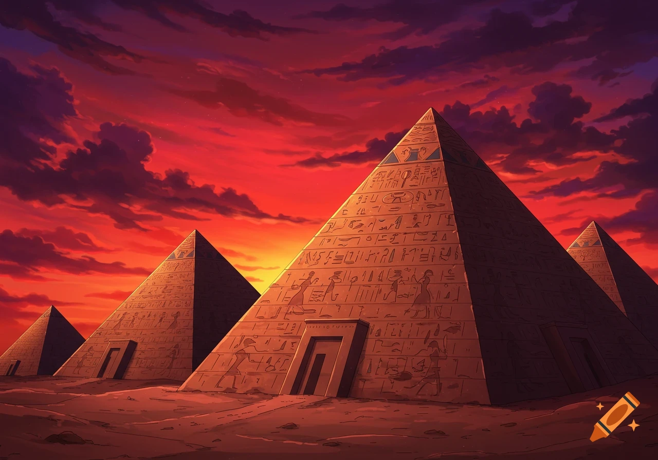Anime style pyramids in a desert under a red sky on Craiyon