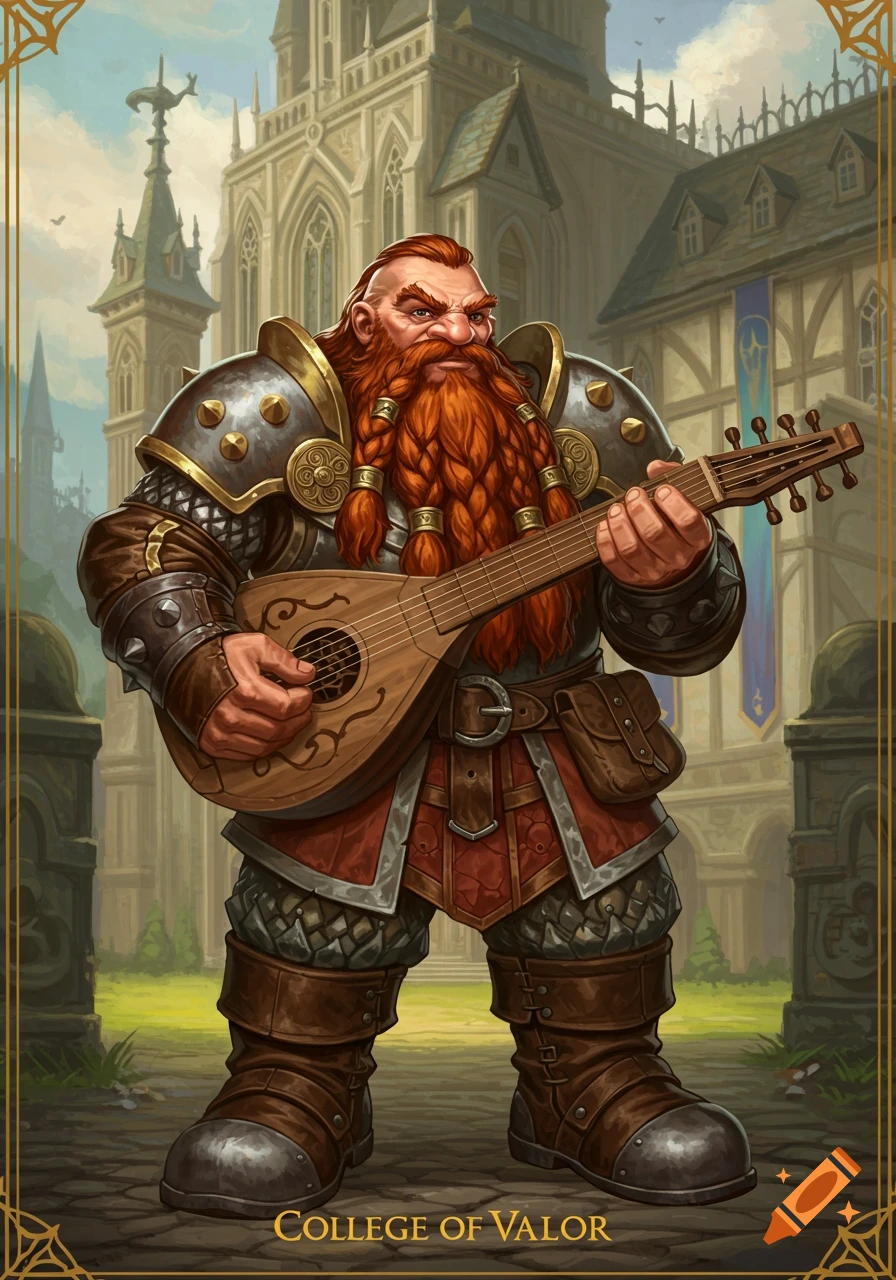 Fantasy art of a dwarf bard playing a lute in front of a gothic college ...