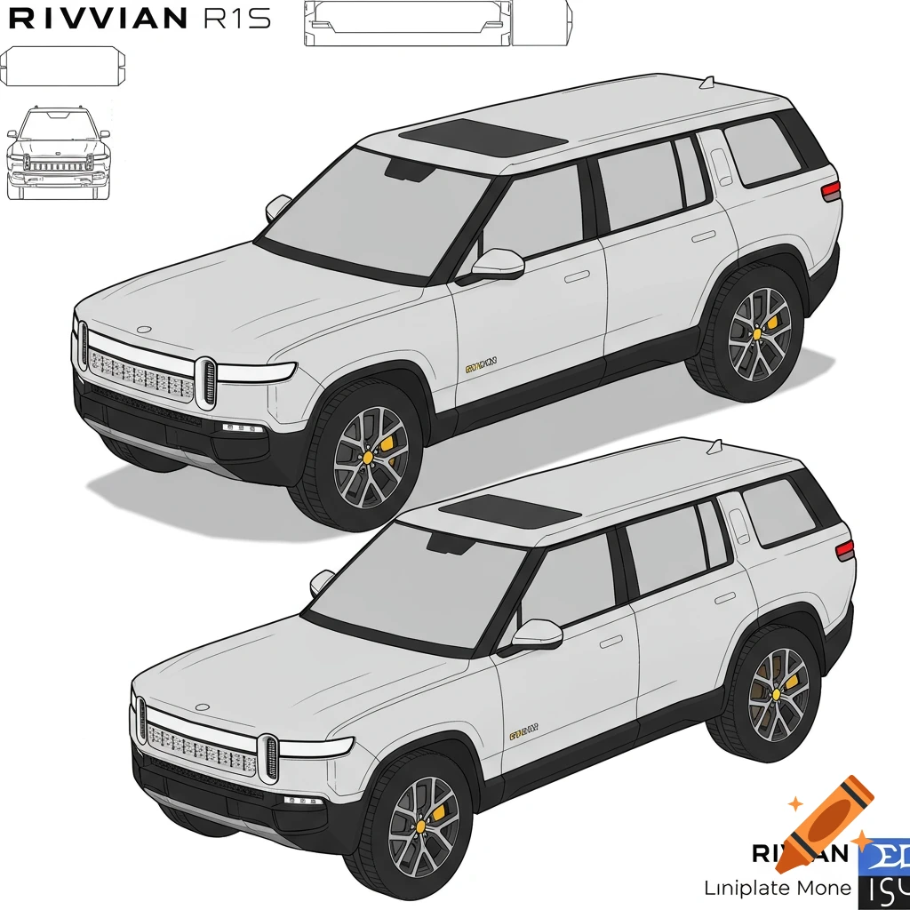 Schematic drawing showing two angled views of a white Rivian R1S SUV ...
