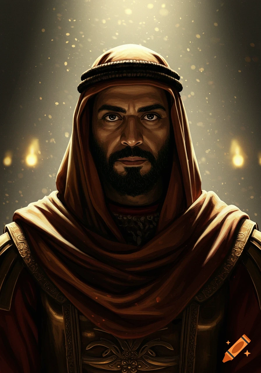 Portrait of a Middle Eastern man in ancient robe and armor with intense ...