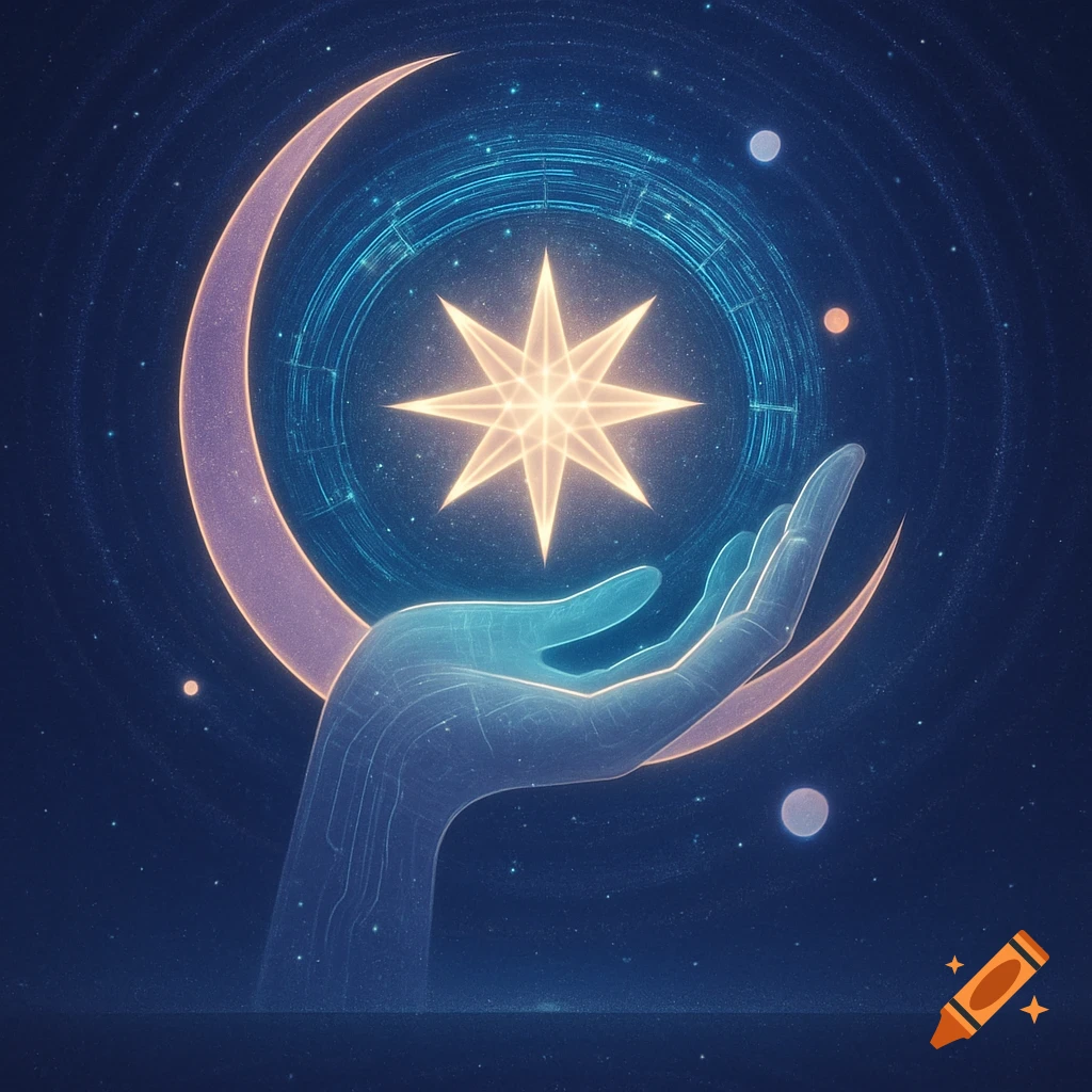 Translucent hand holds a glowing star and crescent moon in a dark ...