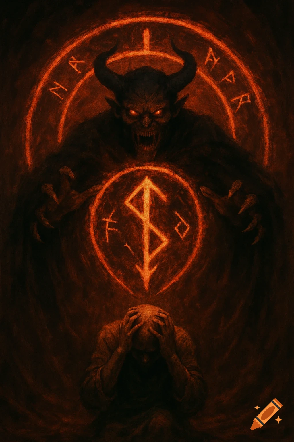 A demonic figure looms over a person under glowing runes and symbols in ...