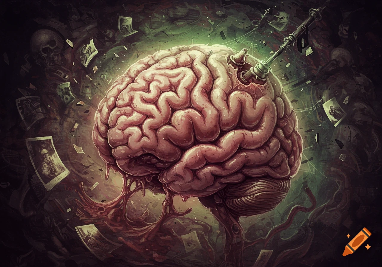 Surreal, grotesque illustration of a brain being drilled, surrounded by ...