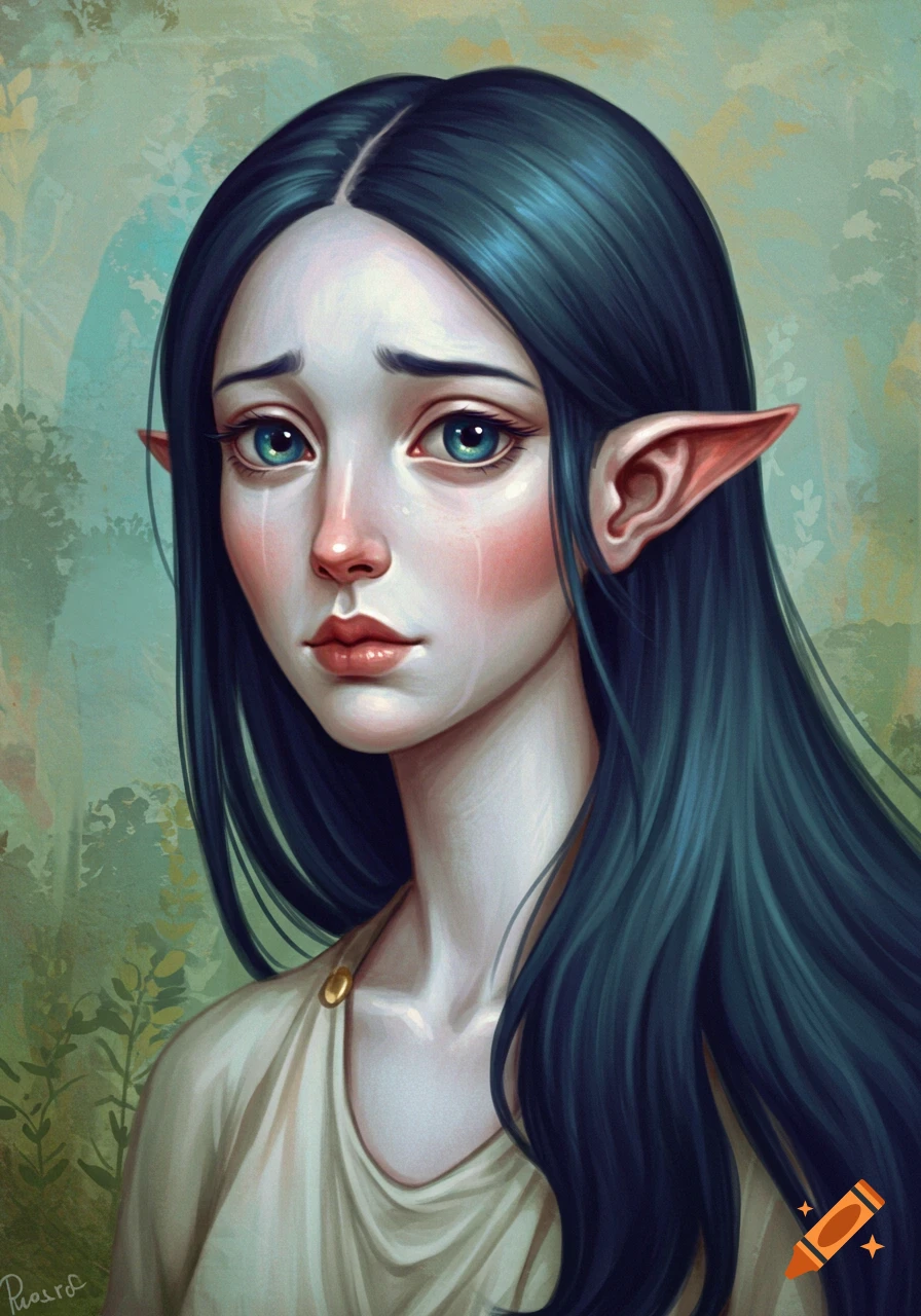Close-up painterly portrait of a sad elf with dark hair and tears. on ...
