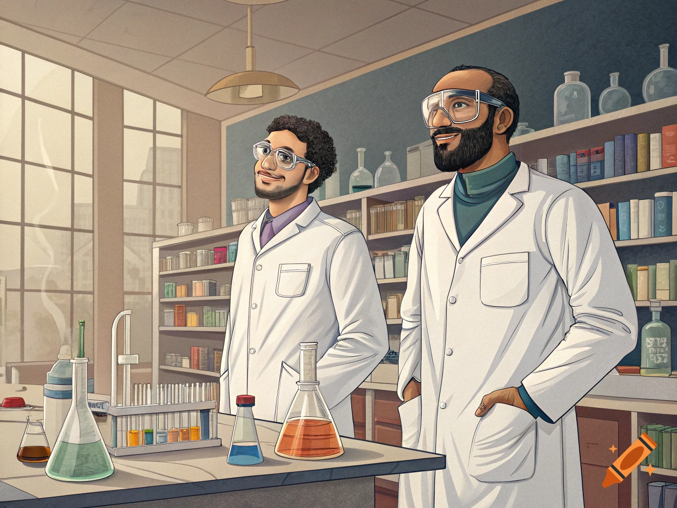 Illustration of two men in lab coats and goggles in a science lab. on ...