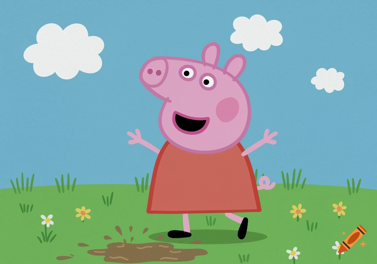 Peppa Pig standing by a mud puddle in a grassy field with flowers. on ...