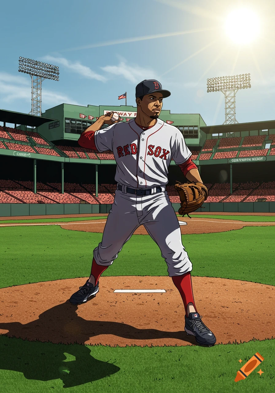 Illustrative style drawing of a Boston Red Sox baseball player throwing ...
