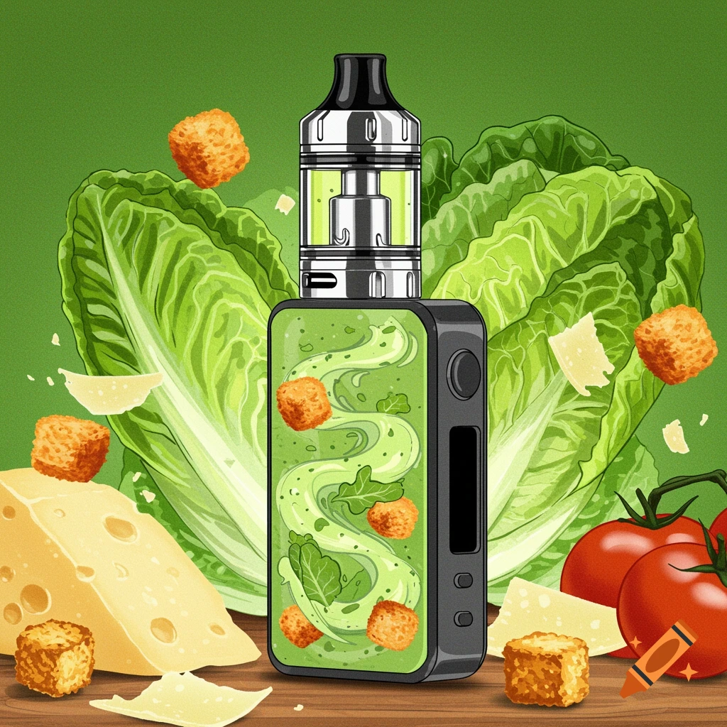 Illustration of a vape decorated with Caesar salad ingredients ...