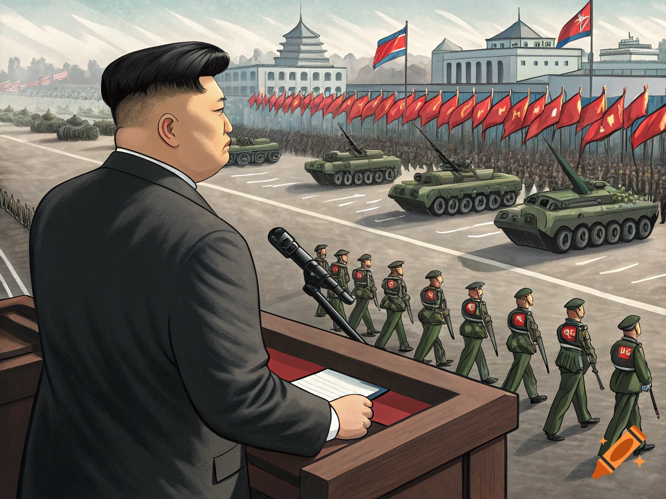 Illustration of a leader at a podium reviewing a military parade with ...
