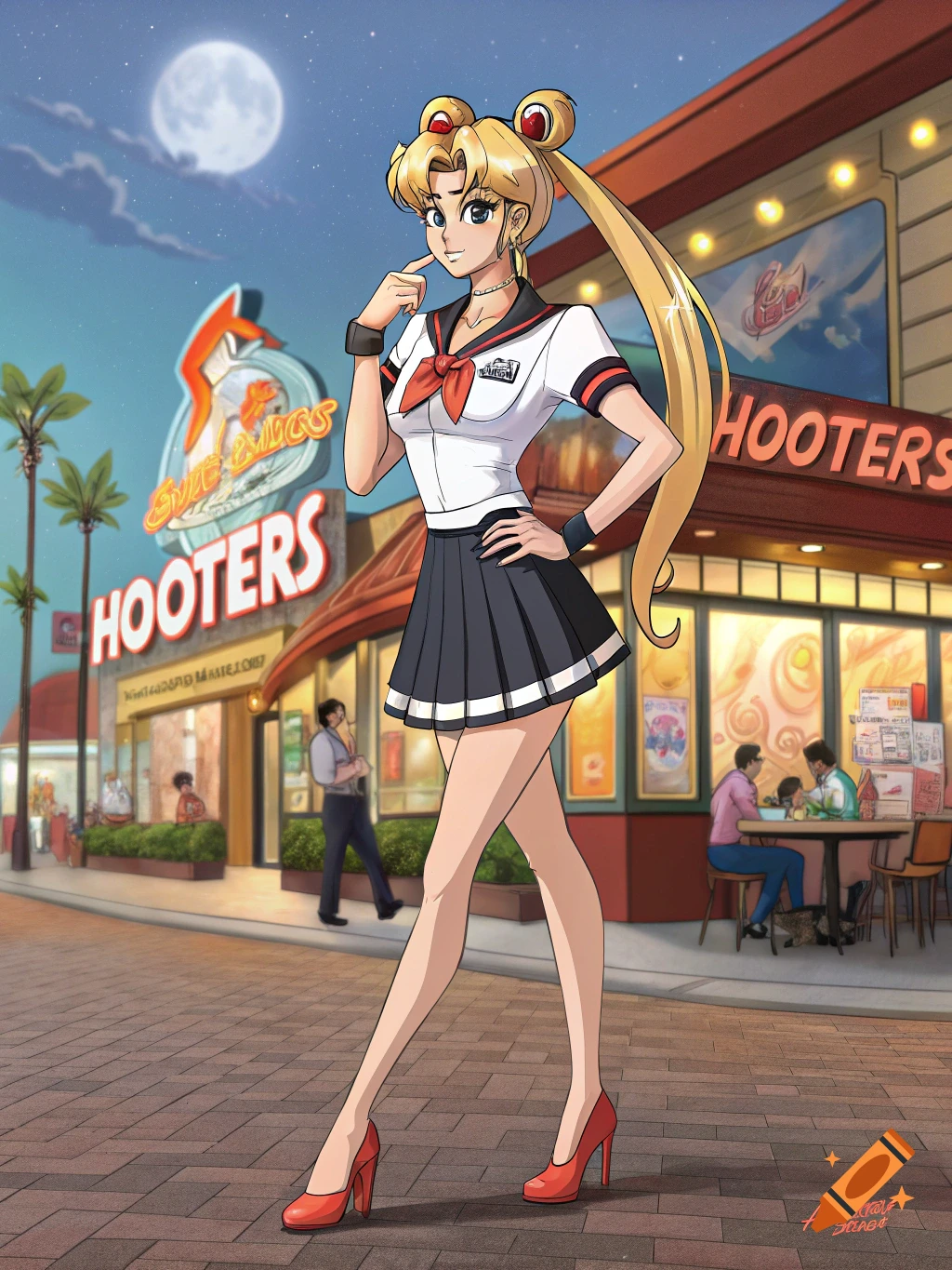 Anime drawing of Sailor Moon in a Hooters uniform standing outside a ...