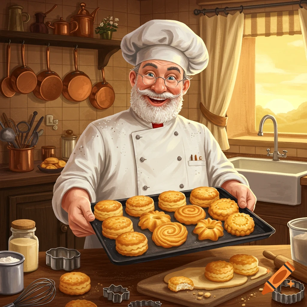 Happy chef holding a tray of fresh biscuits in a warm kitchen setting ...