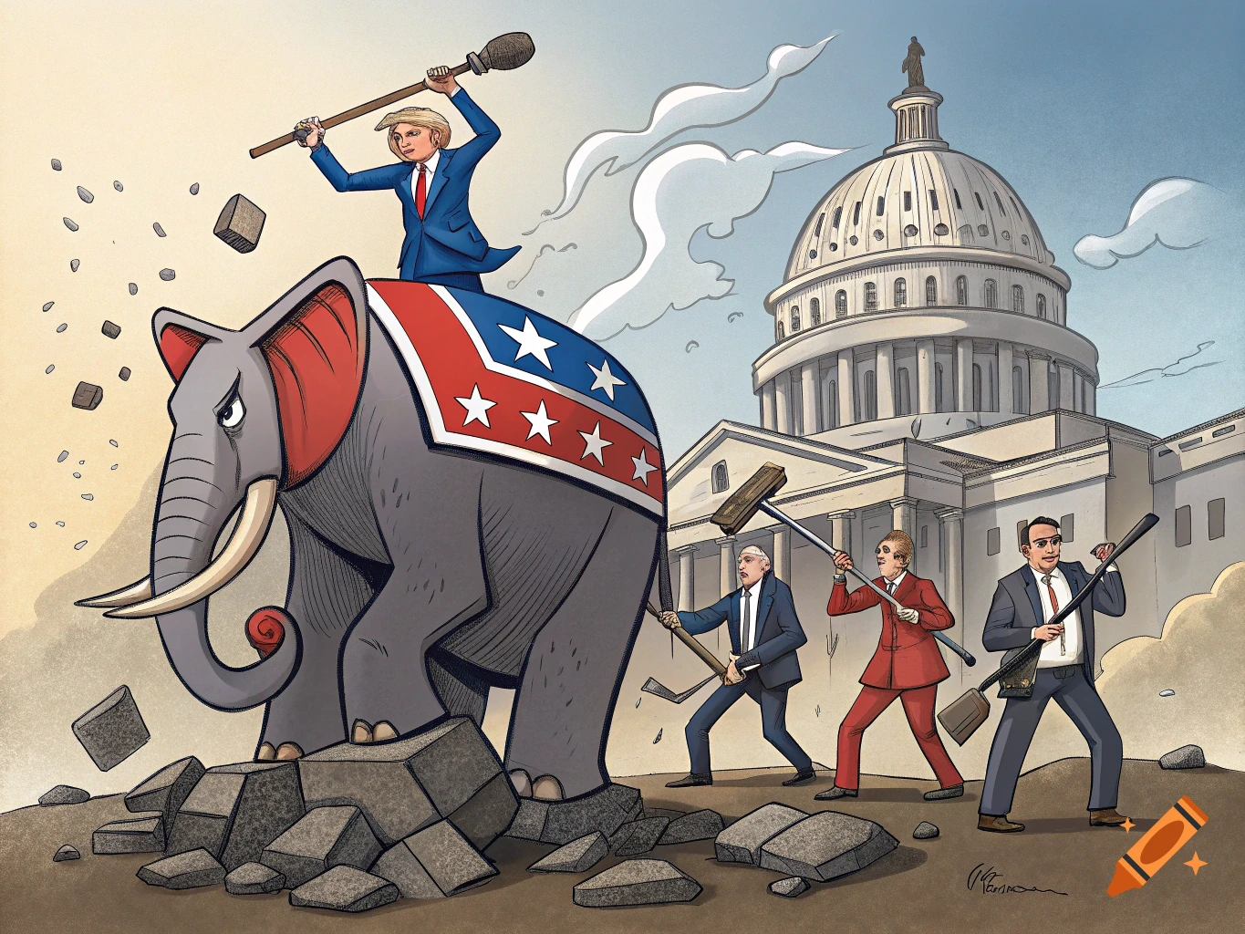 Political cartoon of Donald Trump riding a GOP elephant smashing rocks ...