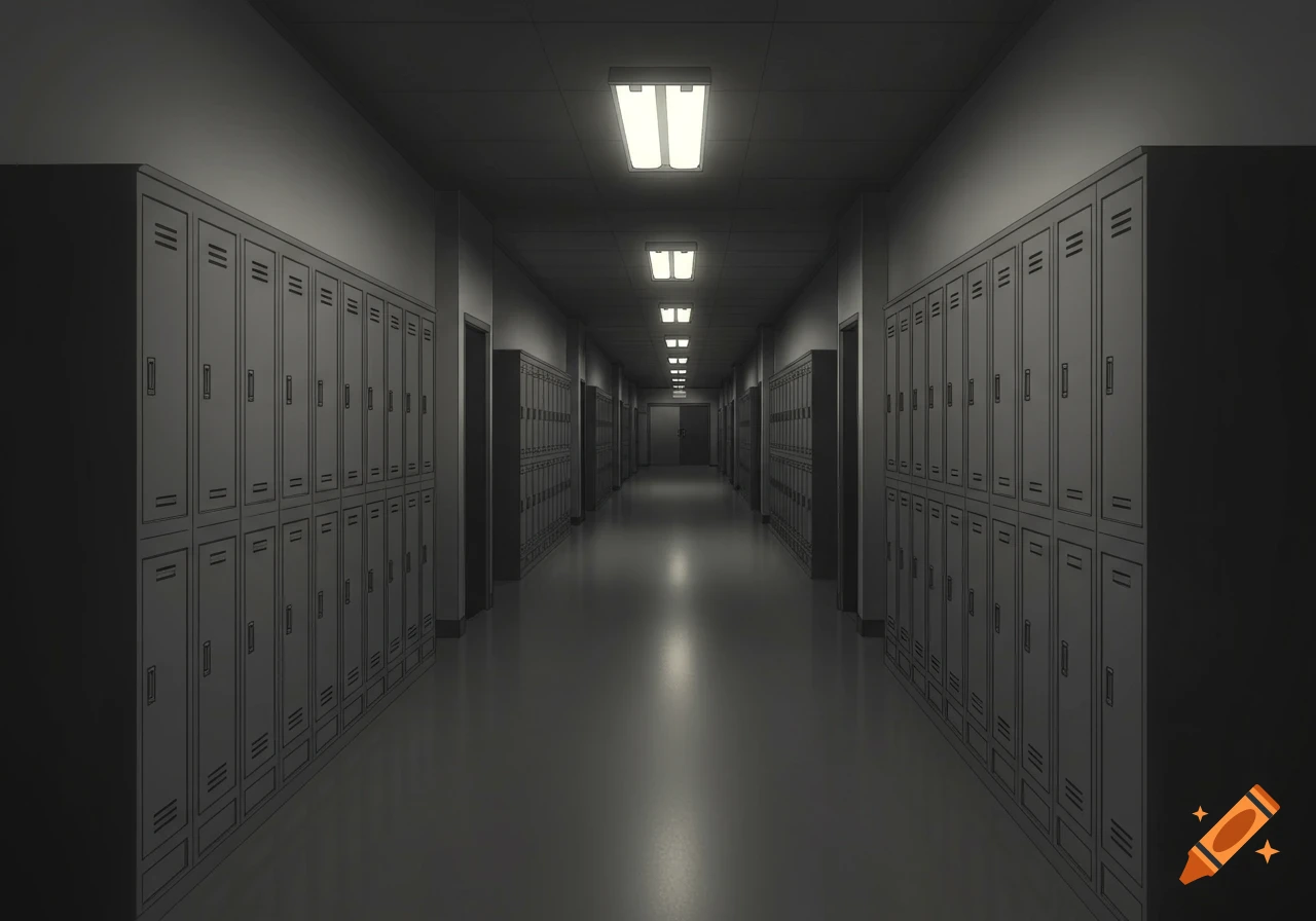 An empty gray school hallway with lockers in an anime style. on Craiyon