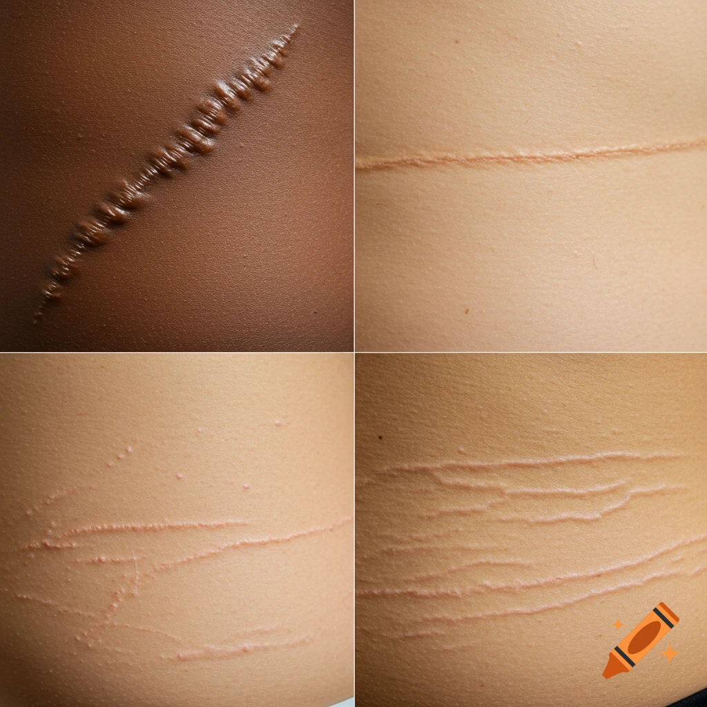 Close-up images showing different types of realistic scars on skin. on ...