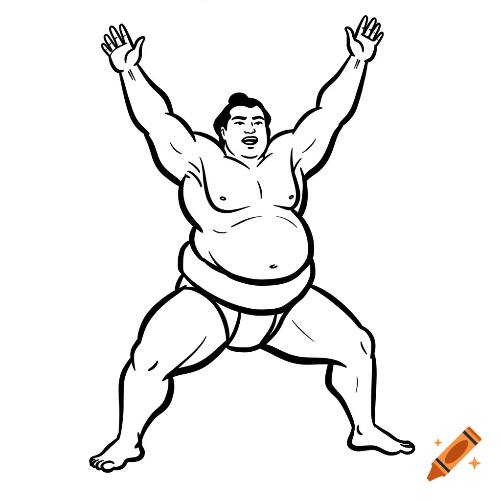 Black and white outline drawing of a sumo wrestler with arms raised. on ...