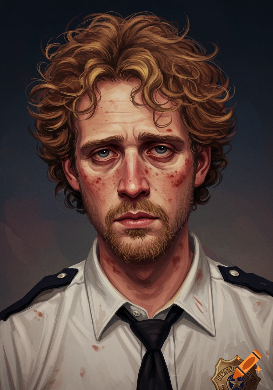 Stylized portrait of a weary man with curly hair, bloodstains on shirt ...