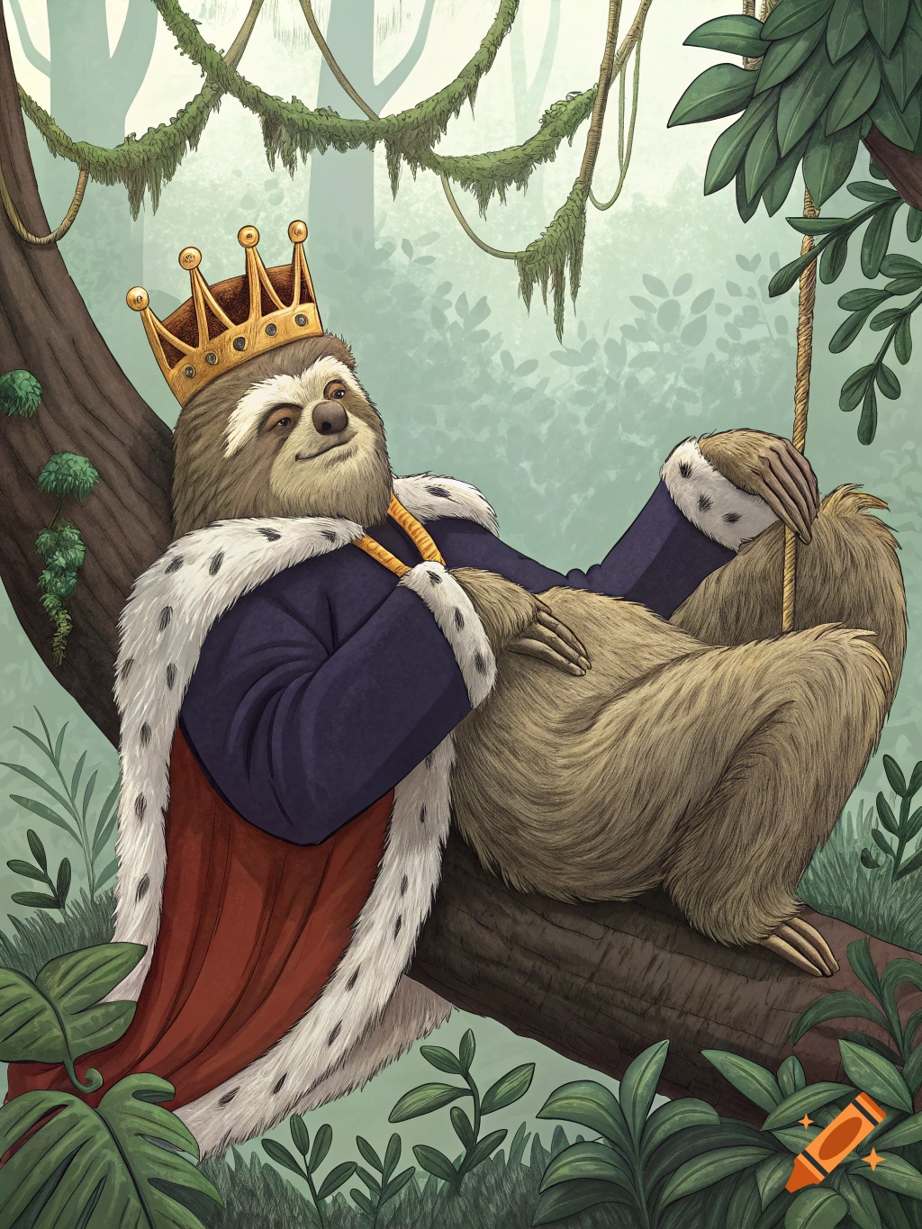 An anthropomorphic sloth king wearing a crown and royal robe lounges on ...