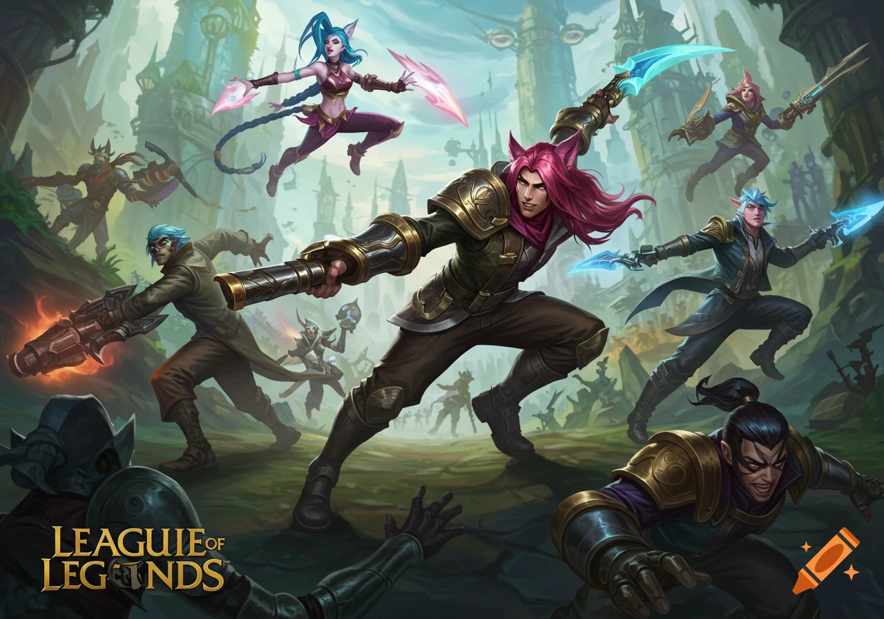 League of Legends characters in dynamic combat poses in a fantasy ...