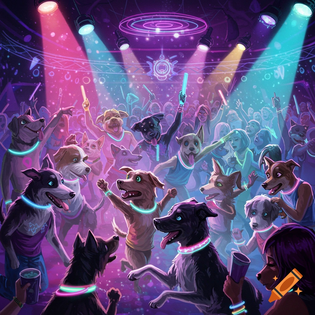 Cartoon dogs dancing at a rave party with bright pink and blue lights ...
