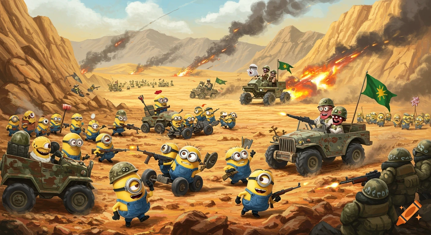 Cartoon Minions fighting in a desert war scene with vehicles and ...