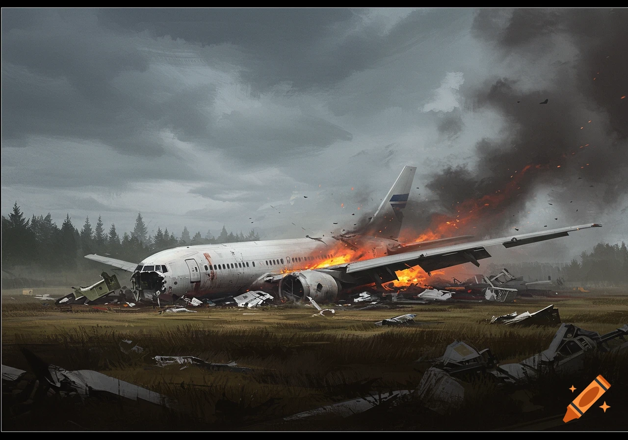 Crashed passenger airplane engulfed in flames and smoke in a field. on ...