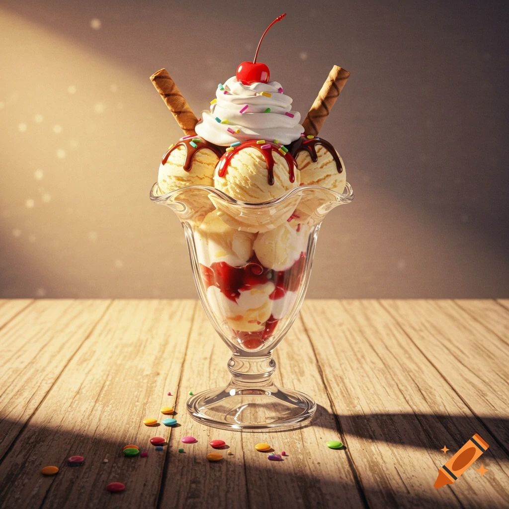 Ice cream sundae in a glass dish on a wooden table with scattered ...