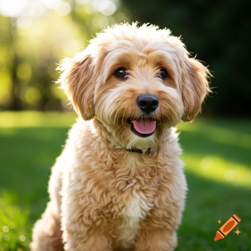 A fluffy, light brown Cavoodle dog sits in green grass in the sunshine ...