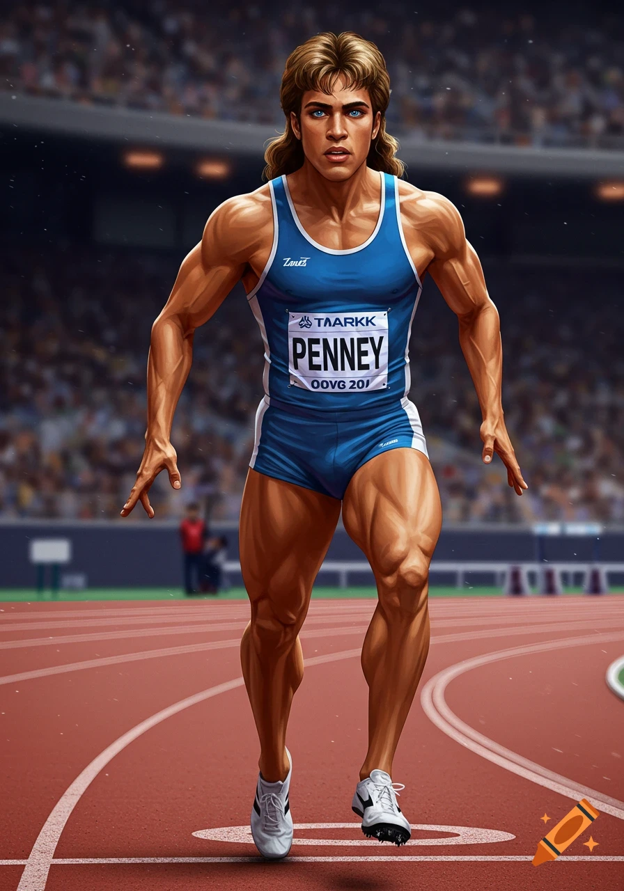 Male athlete with a mullet runs on a track wearing a blue singlet with ...