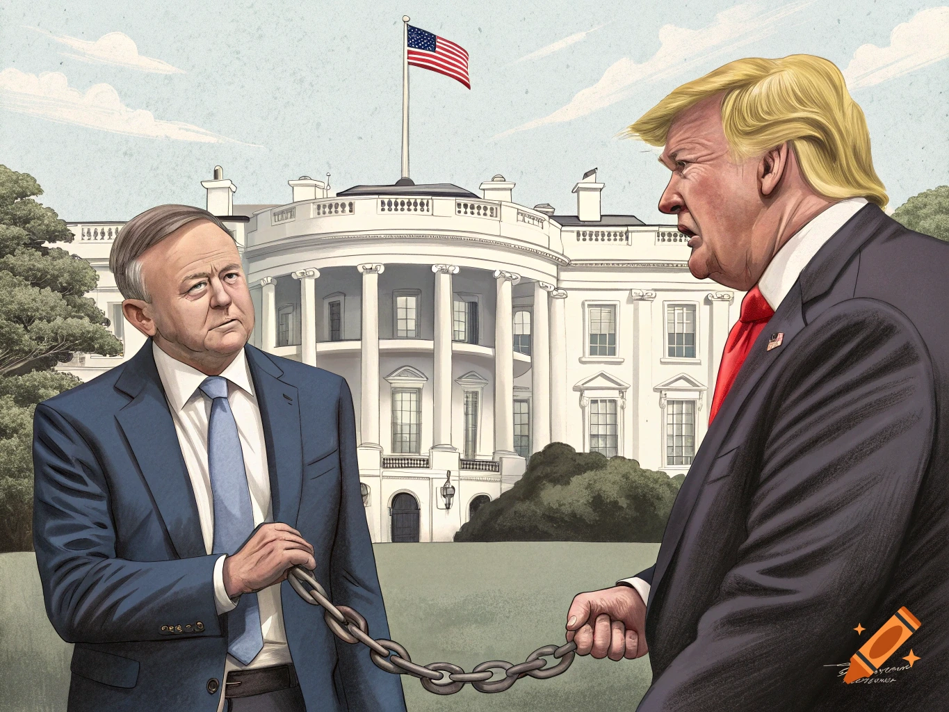 Illustration of Donald Trump and Anthony Albanese linked by a chain in ...