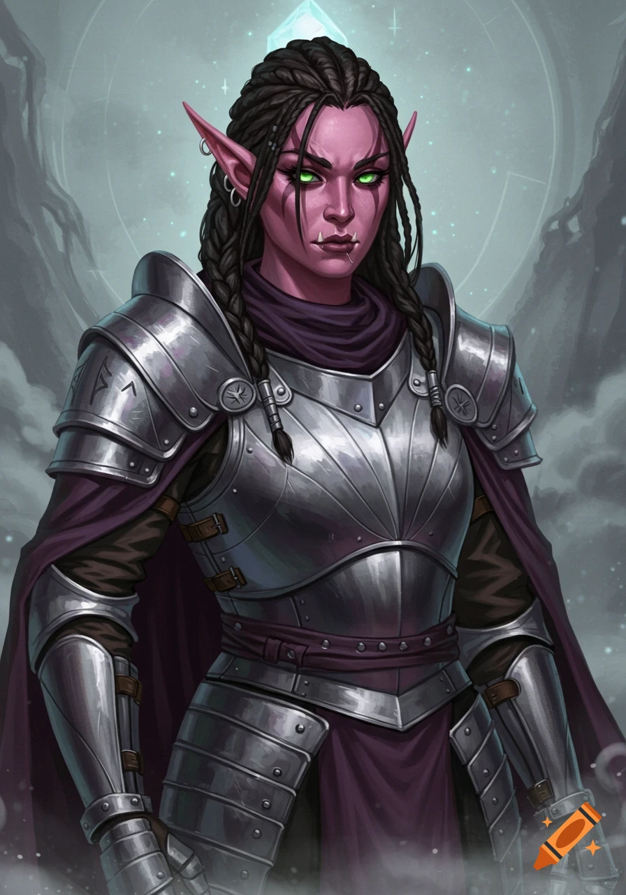 Portrait of a female half-orc in silver armor with braided hair and ...