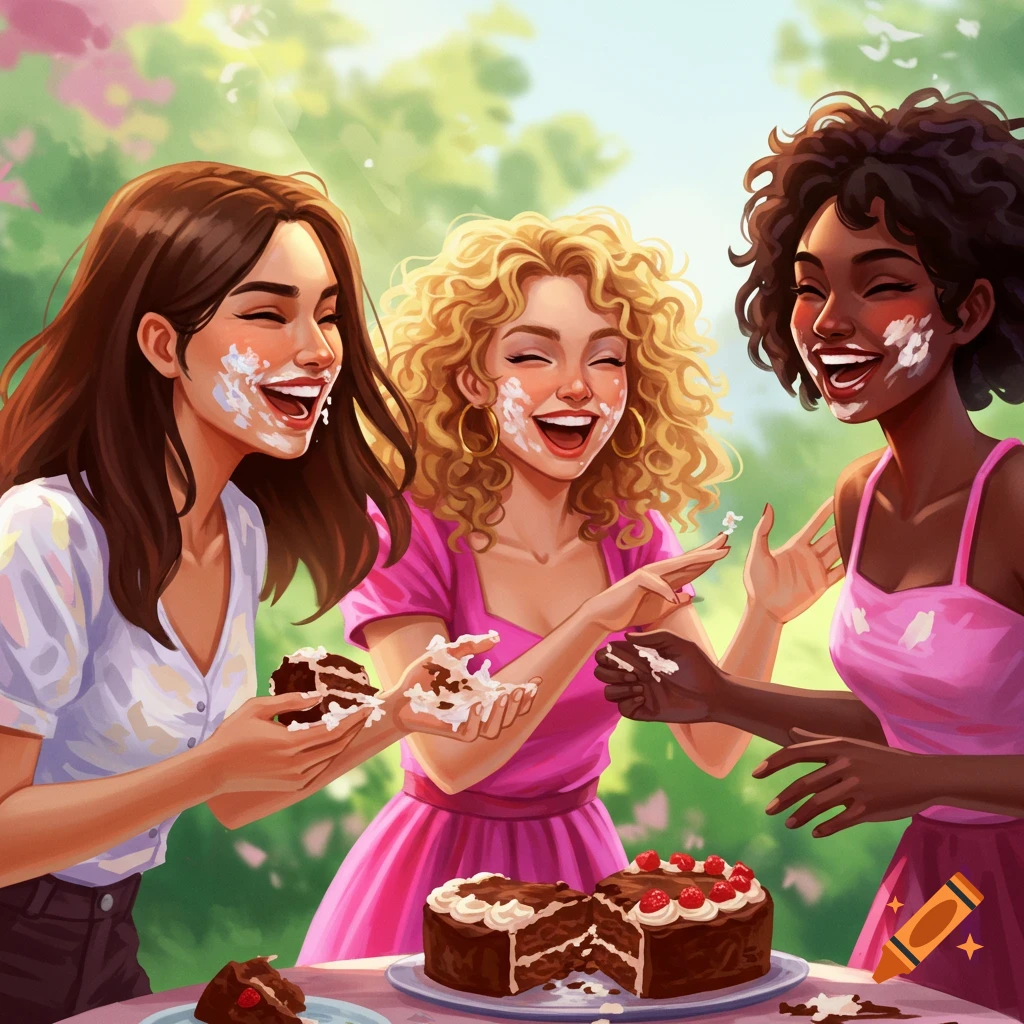 Three women laughing and covered in frosting during a cake fight ...