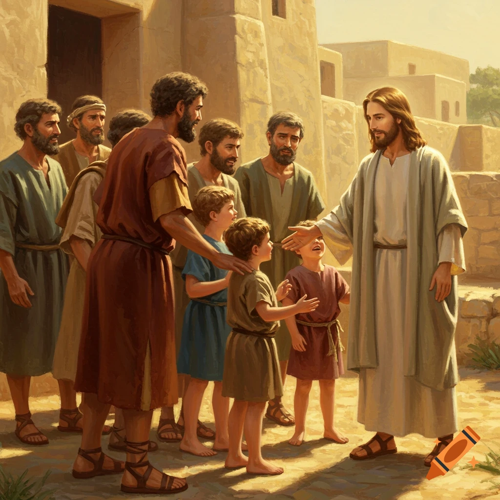 Jesus reaching out to children in an ancient setting with disciples ...
