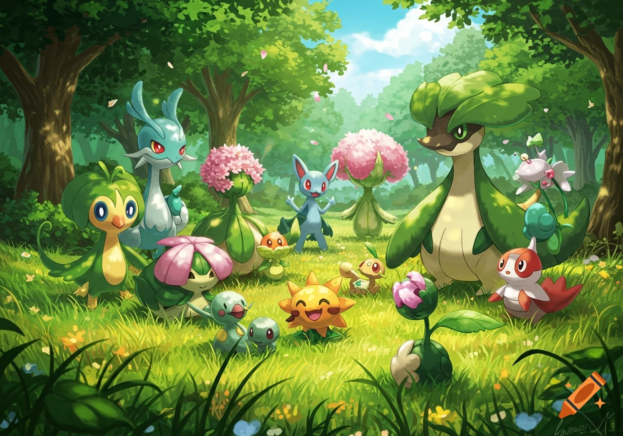 A group of diverse grass-type Pokémon characters stand together in a ...