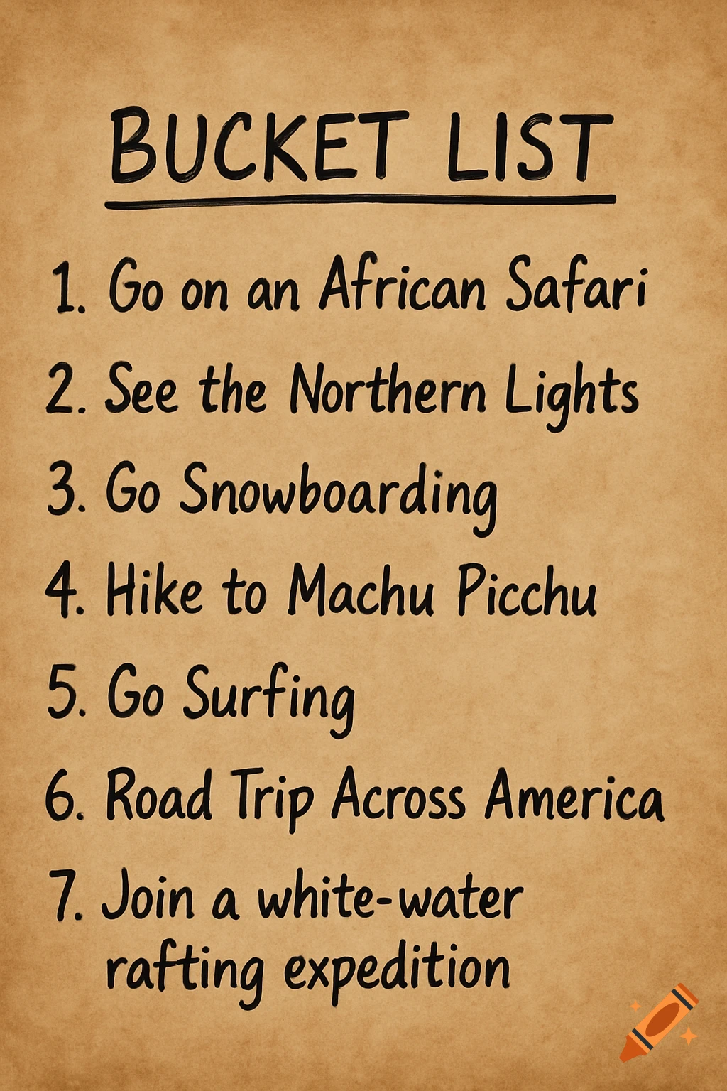 A handwritten bucket list on old paper with numbered items. on Craiyon