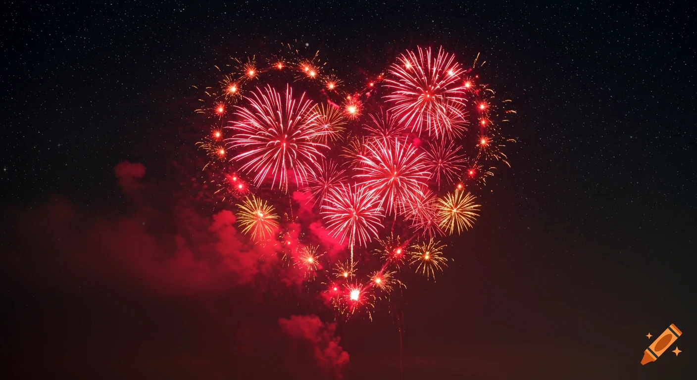 Red and gold fireworks form a heart shape in a starry night sky. on Craiyon