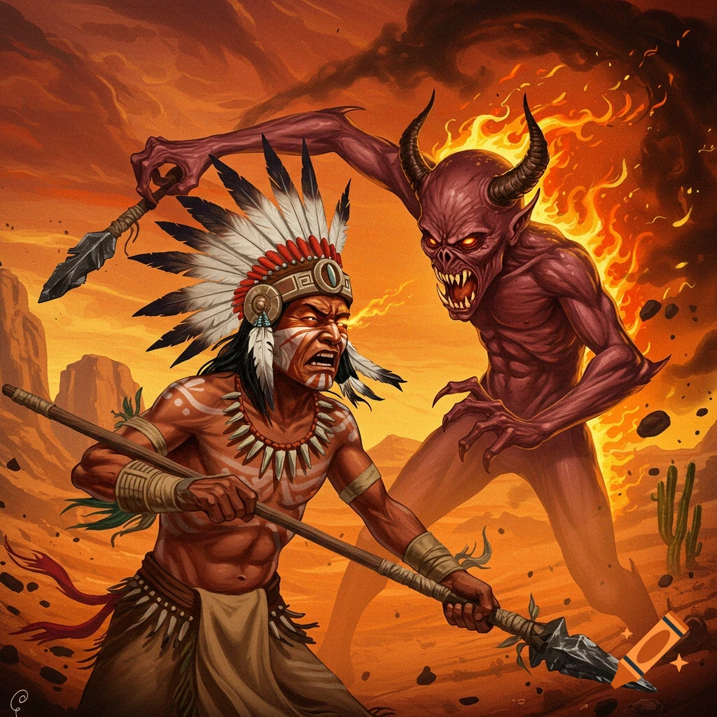 Illustration of a Native American tribesman fighting a red demon in a ...