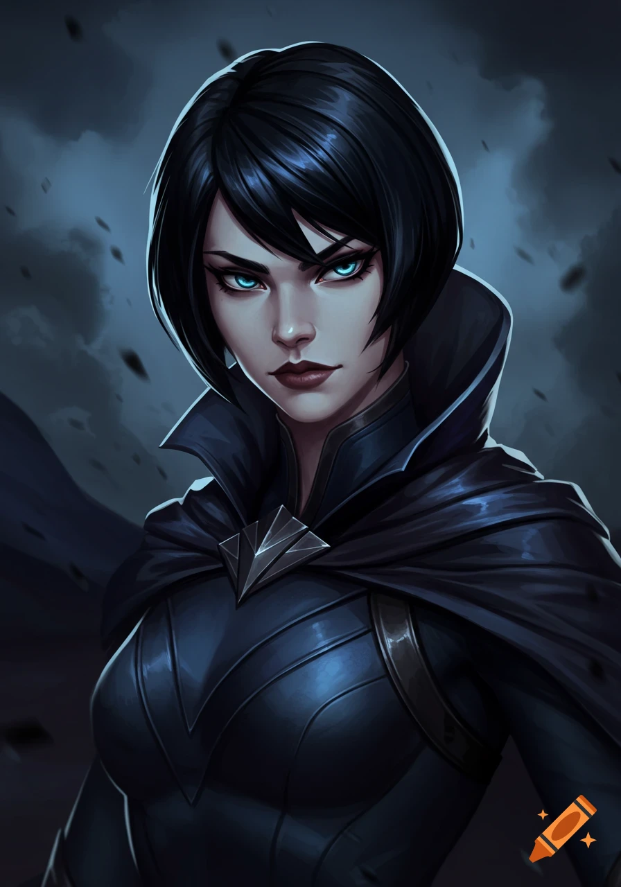Digital painting of a woman with dark hair and glowing blue eyes ...