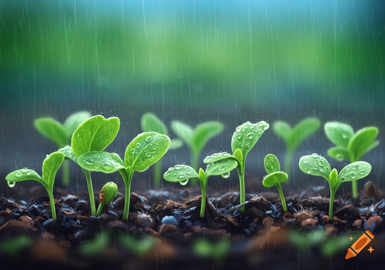 Close-up of young green plant seedlings growing in soil under summer ...