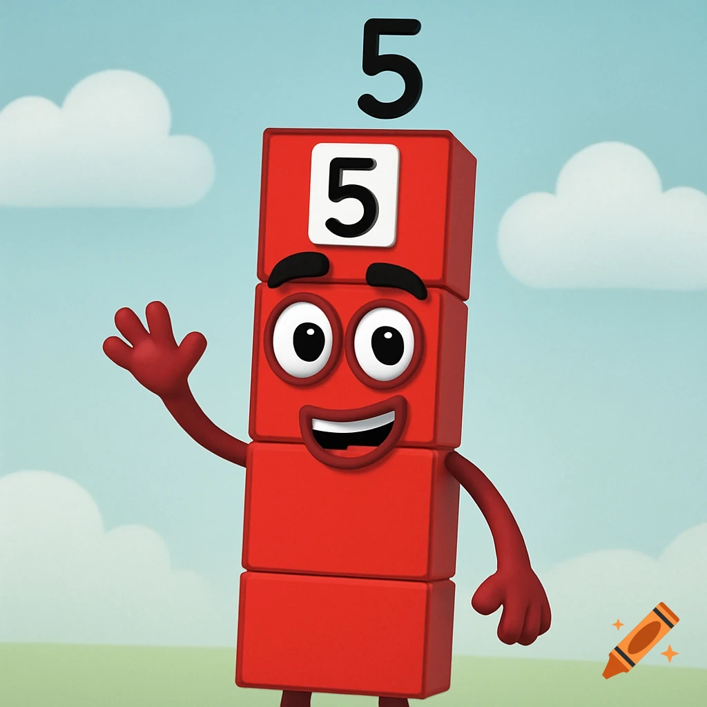 Red Numberblock Five character waves with a sky and clouds background ...