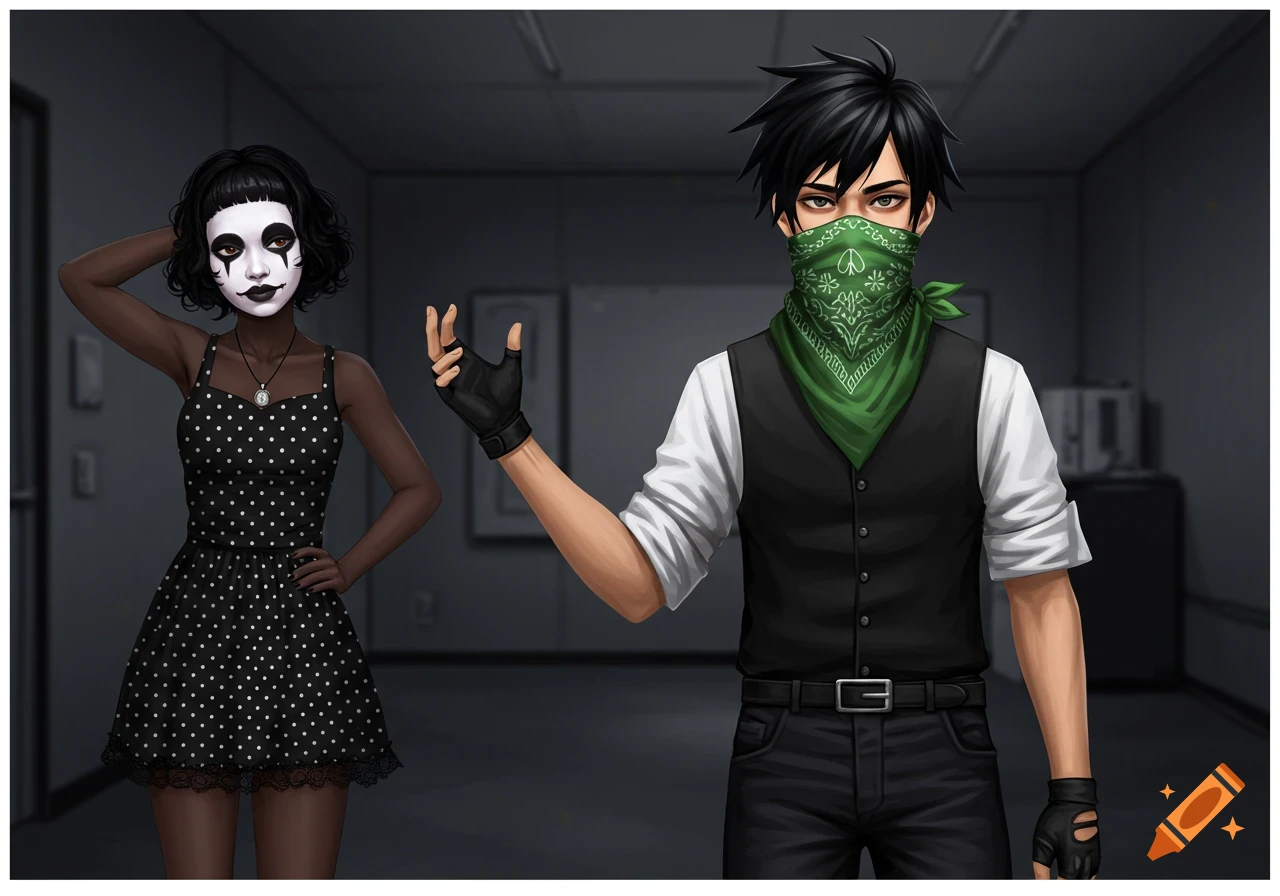 Anime style depiction of two characters, one in mime makeup and polka ...