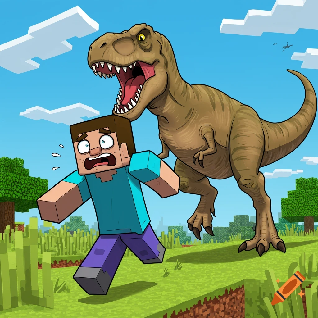 Cartoon illustration of a blocky character running from a large ...