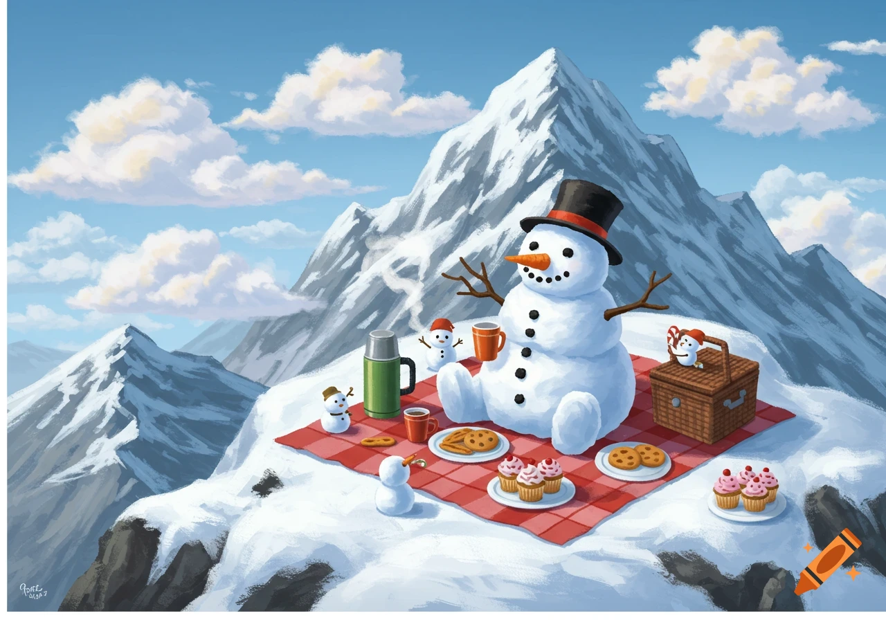 Cartoon illustration of snowmen having a picnic on a snowy mountain ...