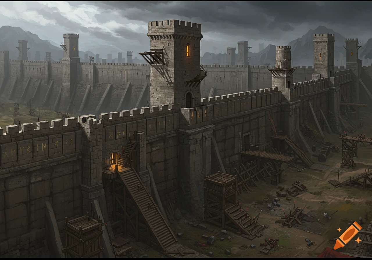 Digital painting of a massive fantasy fortress wall with towers, stairs ...