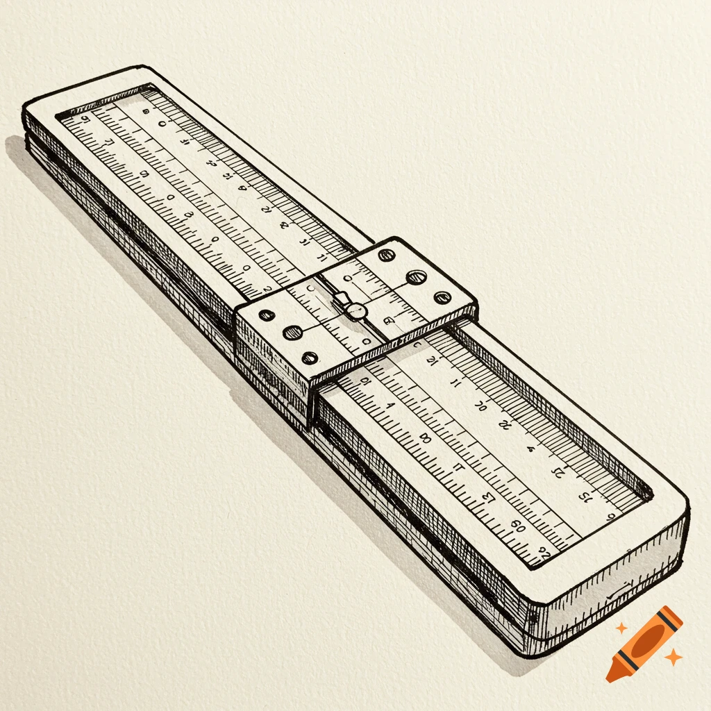 Black and white ink drawing of a slide rule. on Craiyon