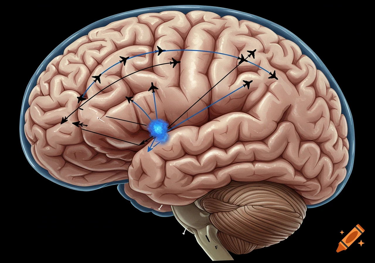 Illustration of a human brain with airplanes and arrows representing ...