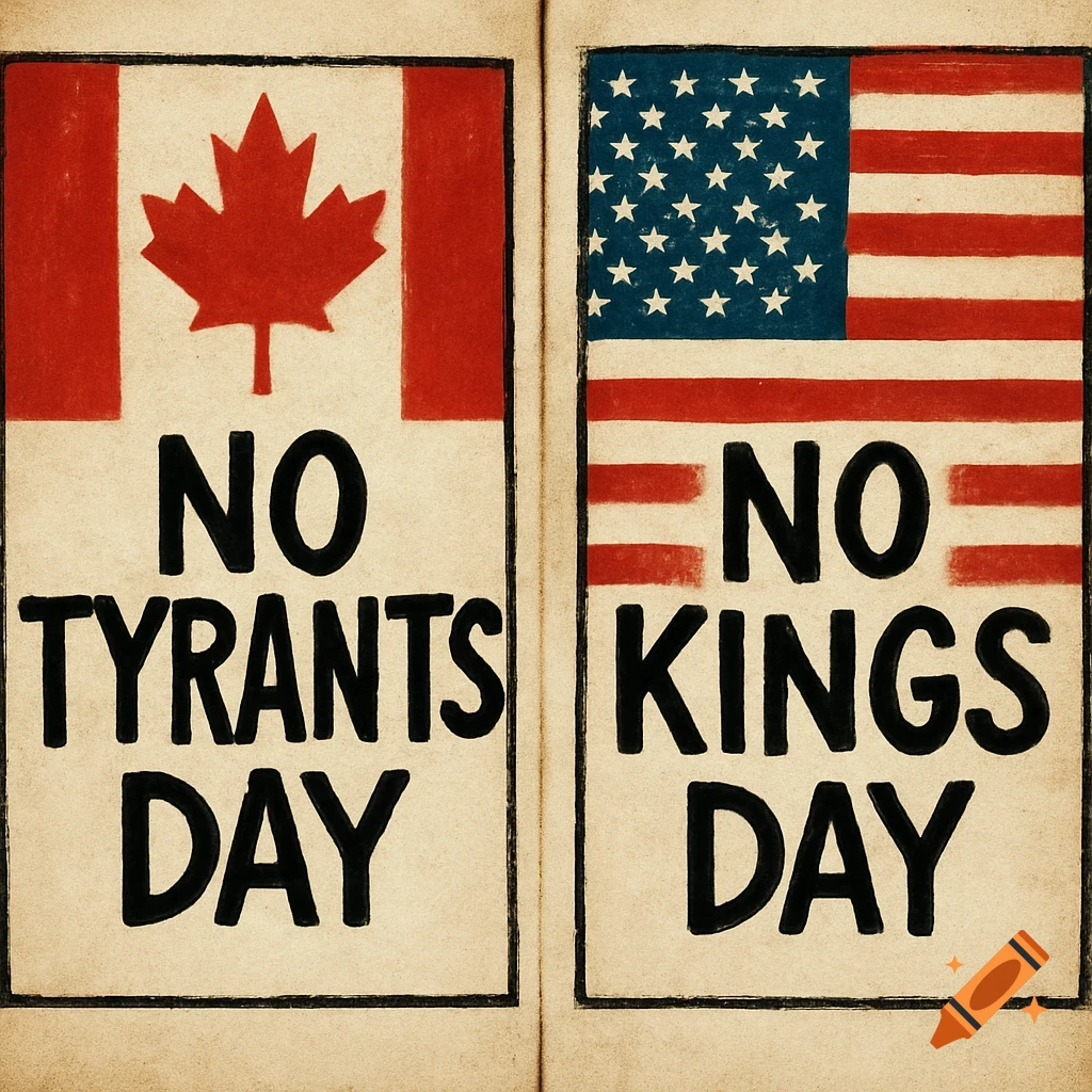 Two protest signs side by side: one with Canadian flag and 'NO TYRANTS ...