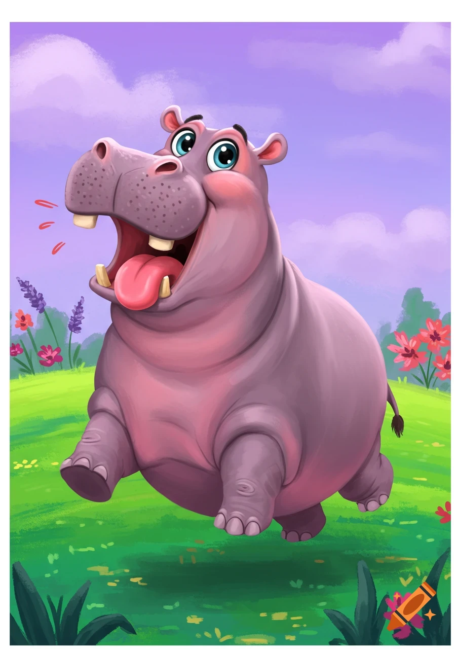 A happy cartoon hippo hopping and hiccuping in a field. on Craiyon